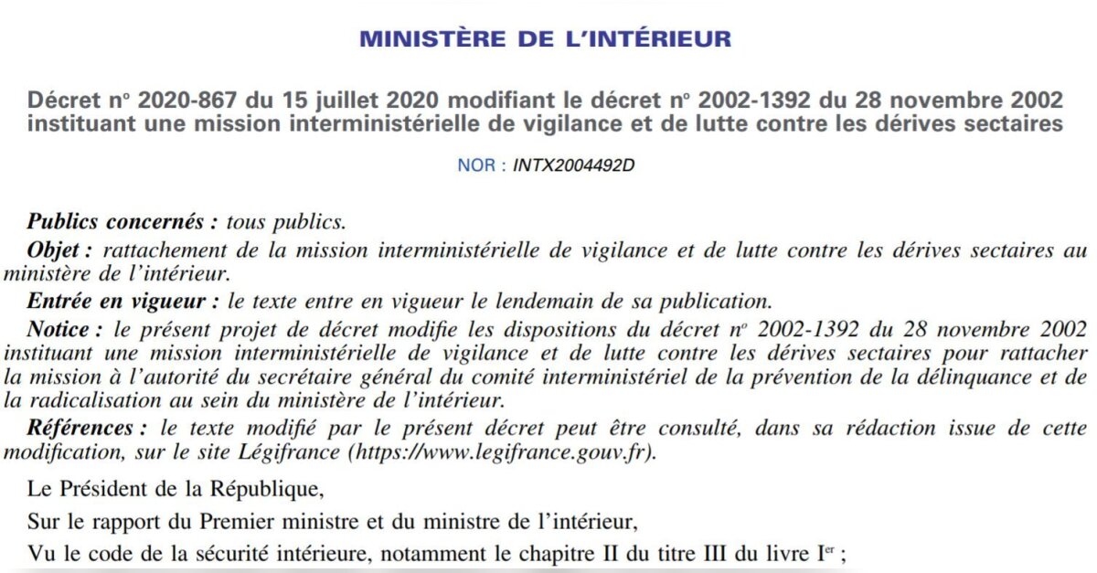 Lutte contre les sectes : rattachement de la Miviludes au ministère de ...