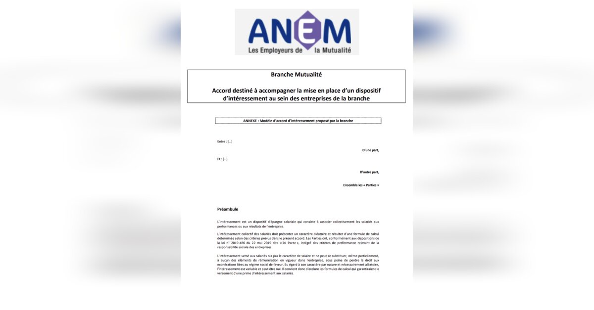 Mutualité : un modèle d'accord d'entreprise sur l'intéressement annexé ...