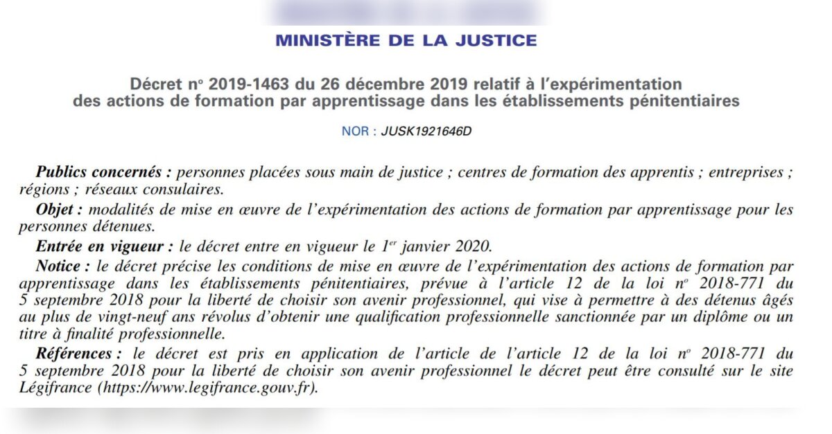 Expérimentation de l'apprentissage en prison (JO) - News Tank RH