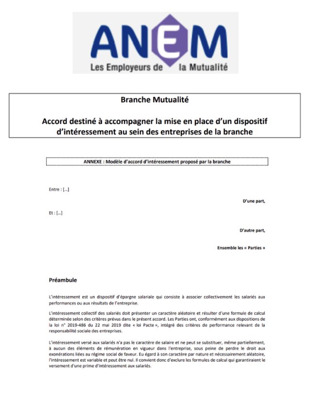 Mutualité : un modèle d'accord d'entreprise sur l'intéressement annexé ...