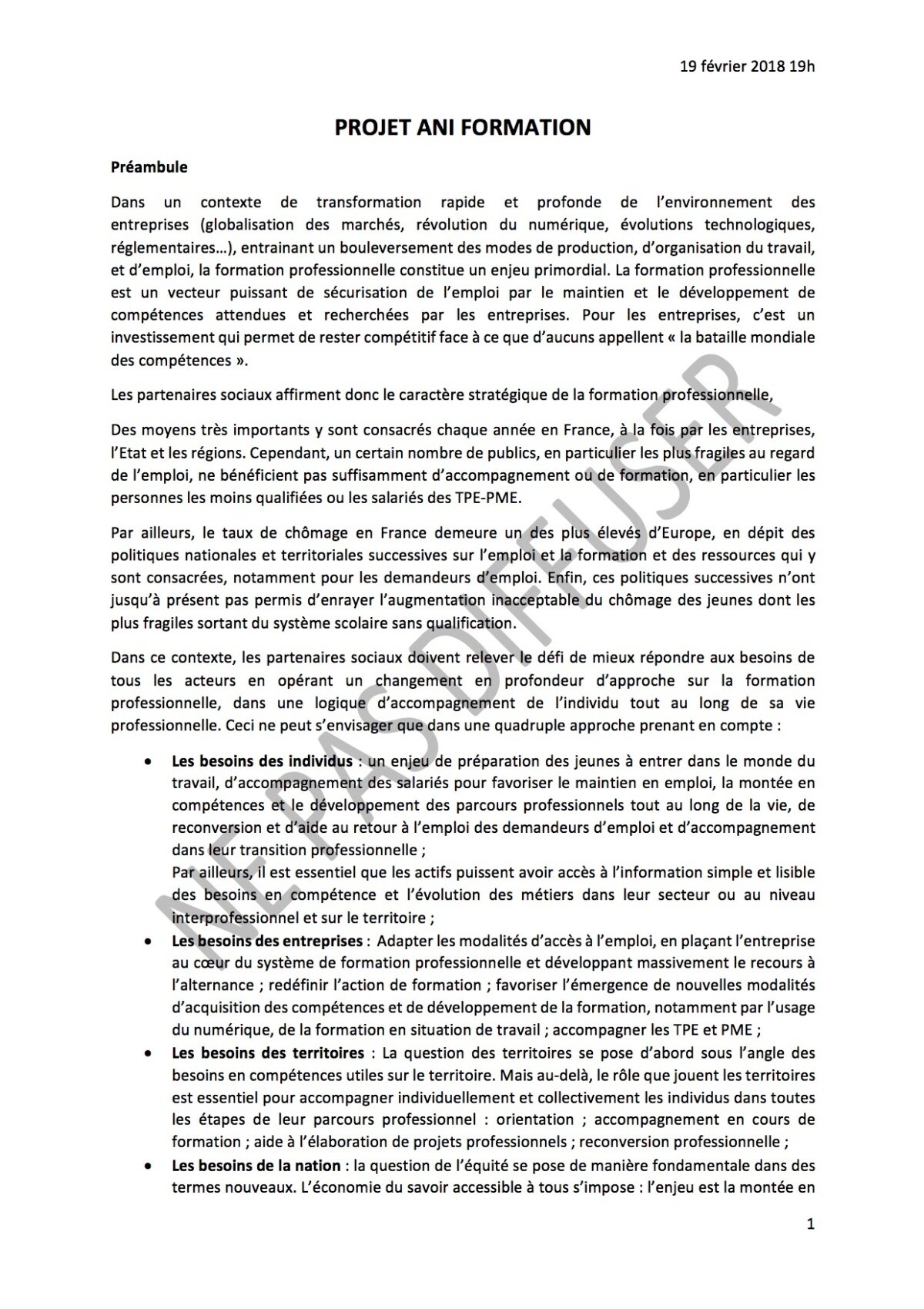 Avant-projet d'ANI formation transmis par la délégation patronale pour ...